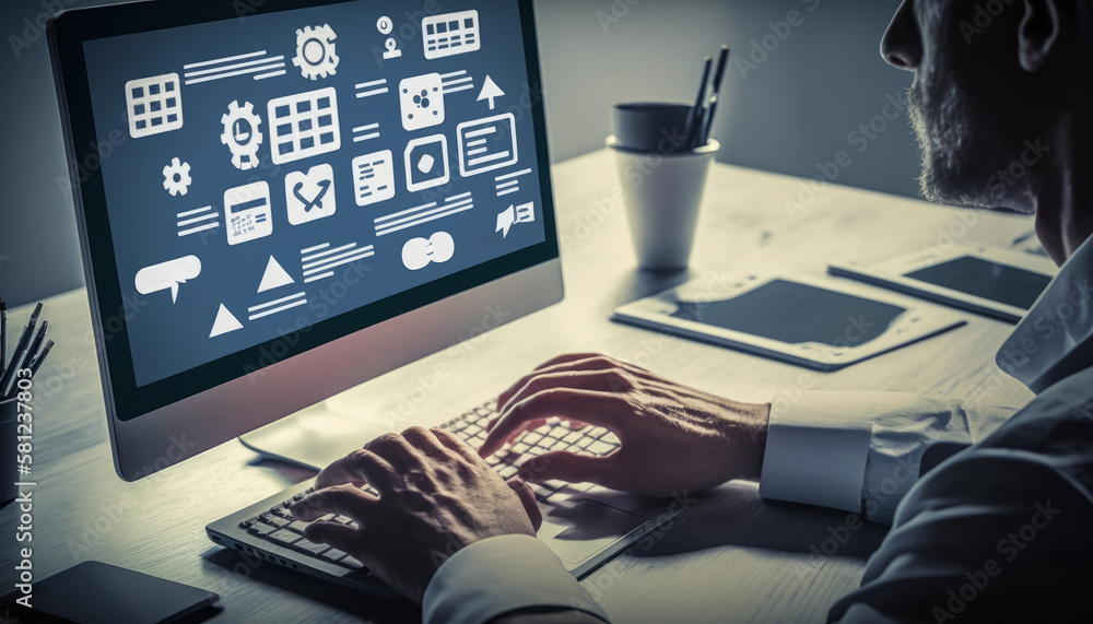 In the office, a project manager is using a computer. Icons ...