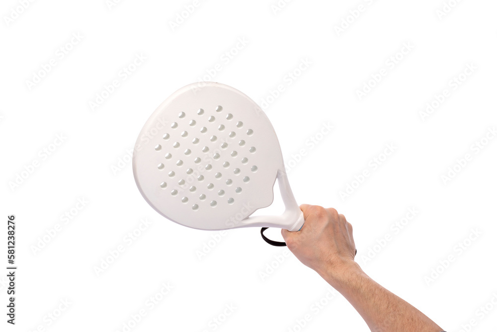Hand holding paddle or padel tennis racket on white background ...