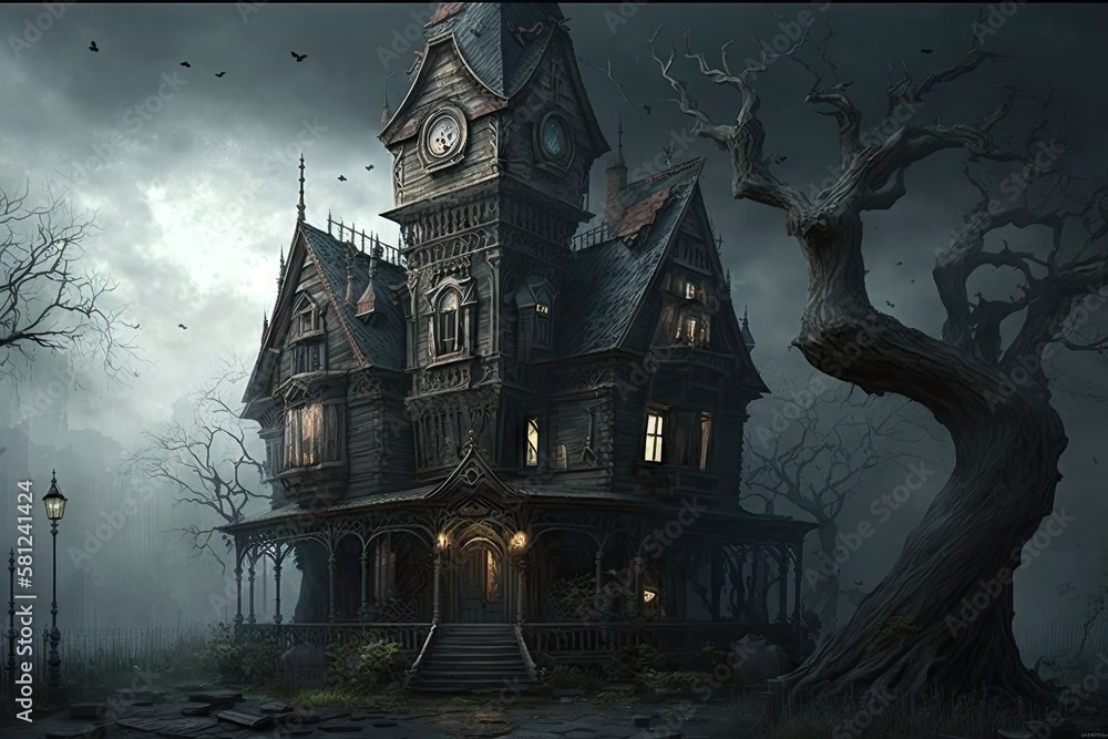 mysterious gloomy horror house with crooked tower and porch, created ...