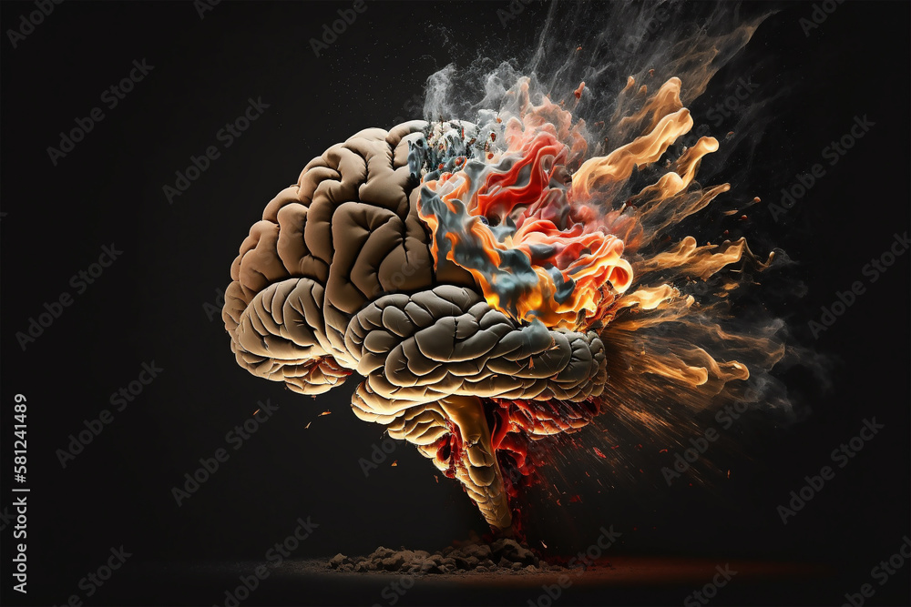 Human brains explodes with fire. Brainstorm and mental health concept ...