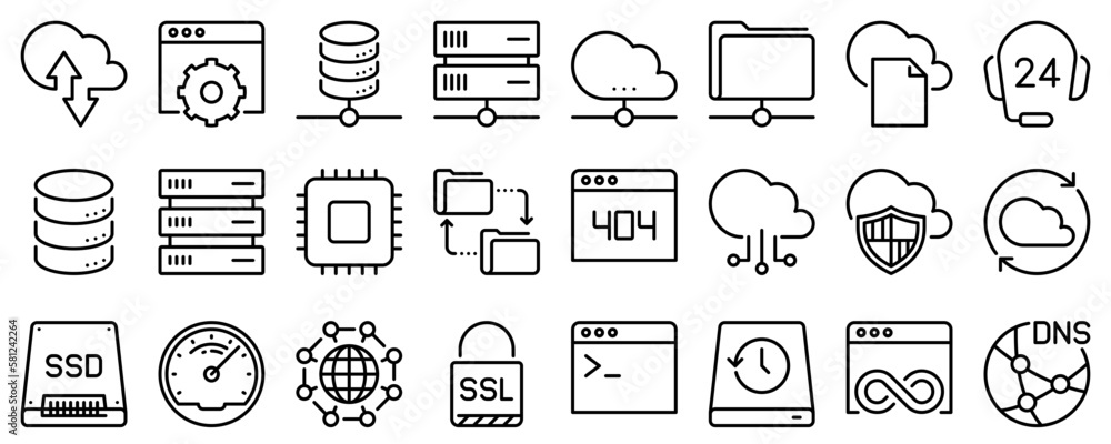 Line icons about hosting on transparent background with editable stroke ...