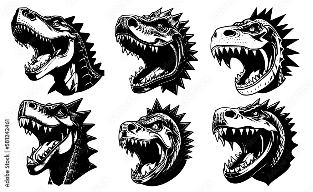 Set of dinosaur heads with open mouth and bared fangs, with different ...