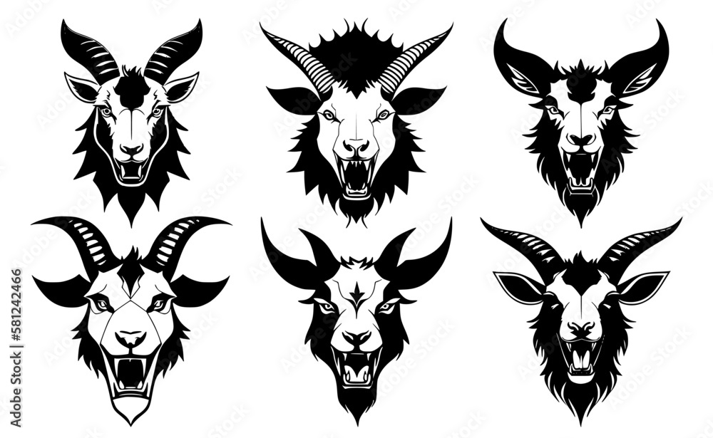 Set of goat heads with open mouth and bared fangs, with different angry ...
