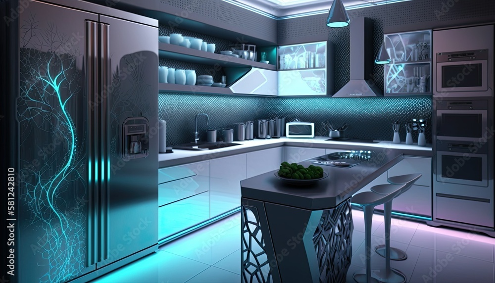 Futuristic kitchen interior conceptual design idea. With neon and ...