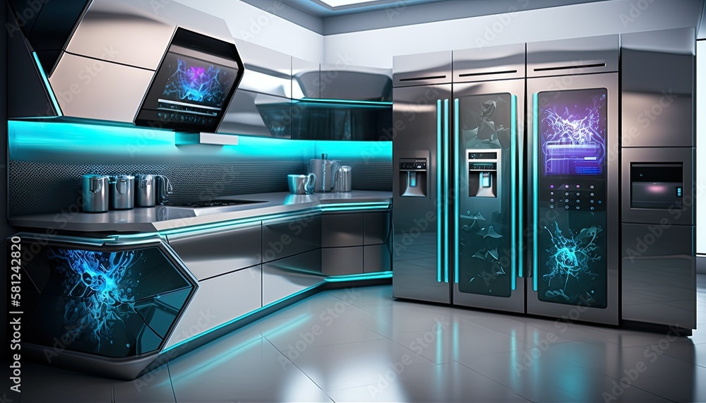 Futuristic kitchen interior conceptual design idea. With neon and ...