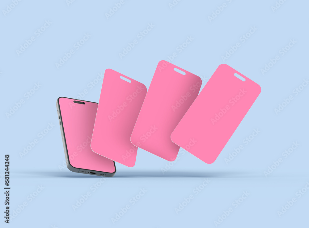 Render of smartphone and some separated screens floating on transparent ...