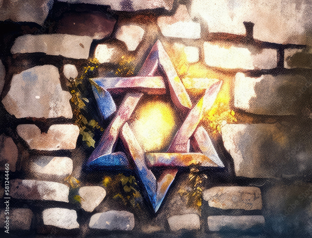 A glistening star of David suspended from an old stone wall marking the ...