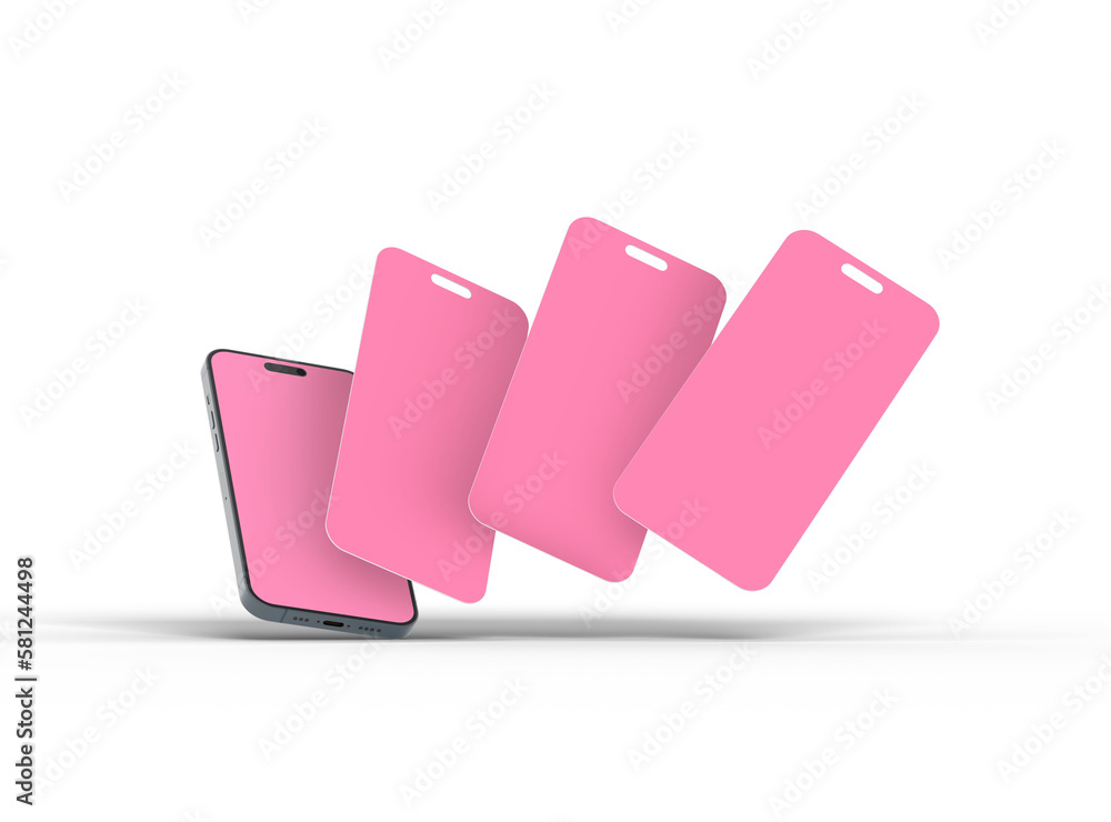 Render of smartphone and some separated screens floating on transparent ...