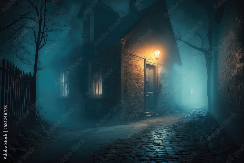 dark scary alley in horror house with fog and glowing pump, created ...