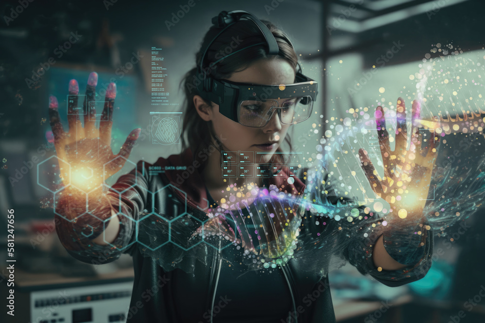 Woman using AR Augmented Reality glasses headset at the lab ...