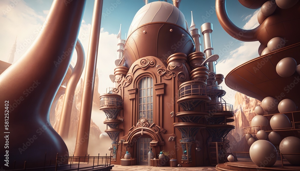 ภาพประกอบสต็อก Chocolate factory facade in fantasy world, background ...