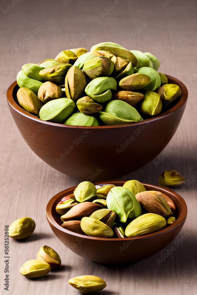Delicious pistachio nuts spilling onto kitchen counter. Taste, snack ...