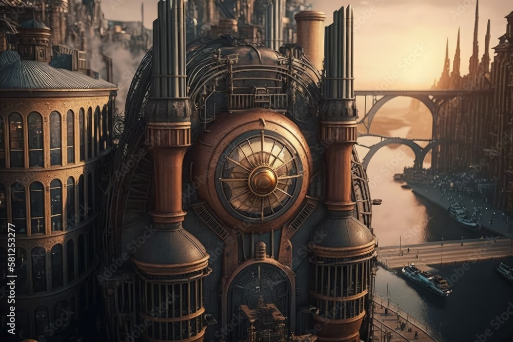 Steampunk style city with big metallic buildings, steampunk futuristic ...
