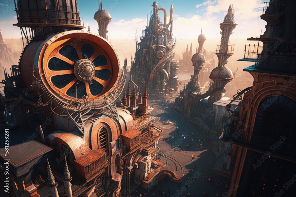 Steampunk style city with big metallic buildings, steampunk futuristic ...