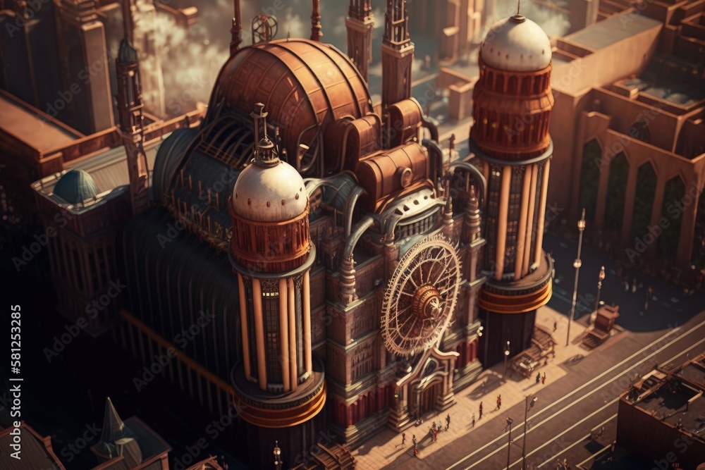 Steampunk style city with big metallic buildings, steampunk futuristic ...