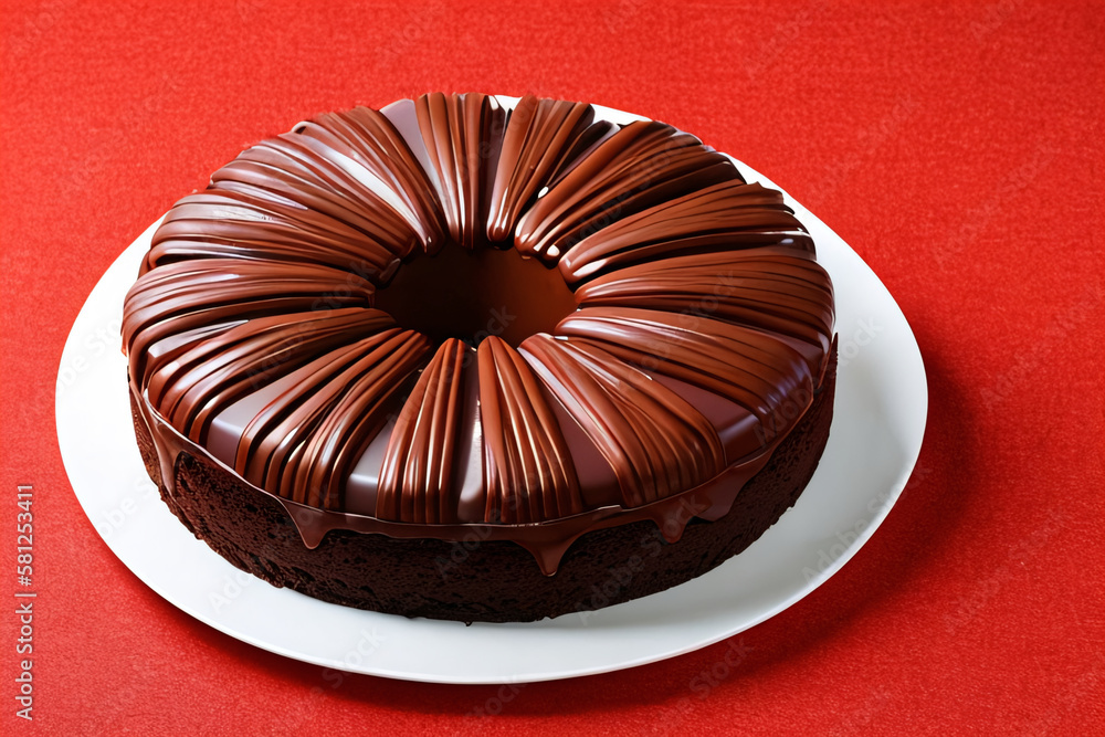 Round chocolate cake with cream and chocolate shavings. Chocolatey ...
