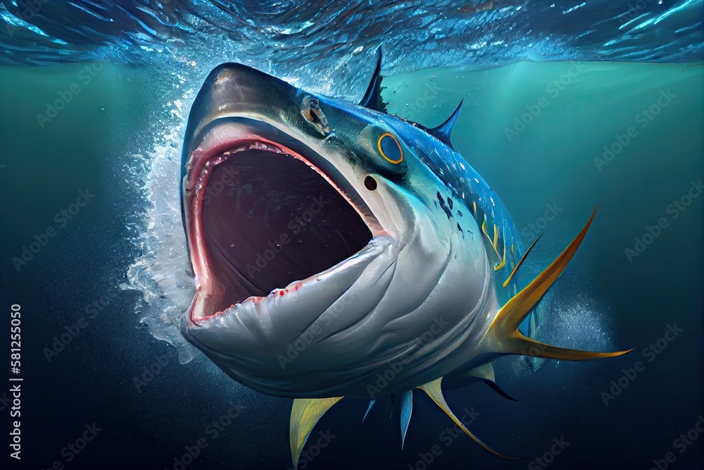 large mouth gaping open huge tuna with mouth in swimming position ...