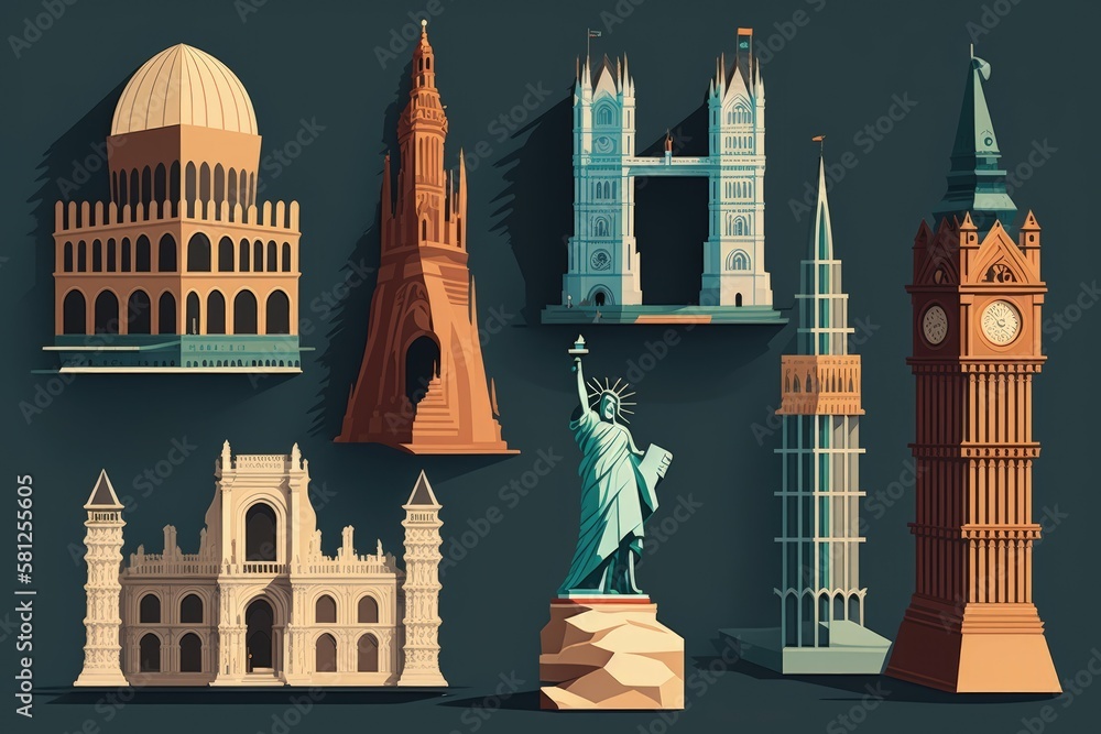 AI generated flat wind landmarks of various countries Stock ...