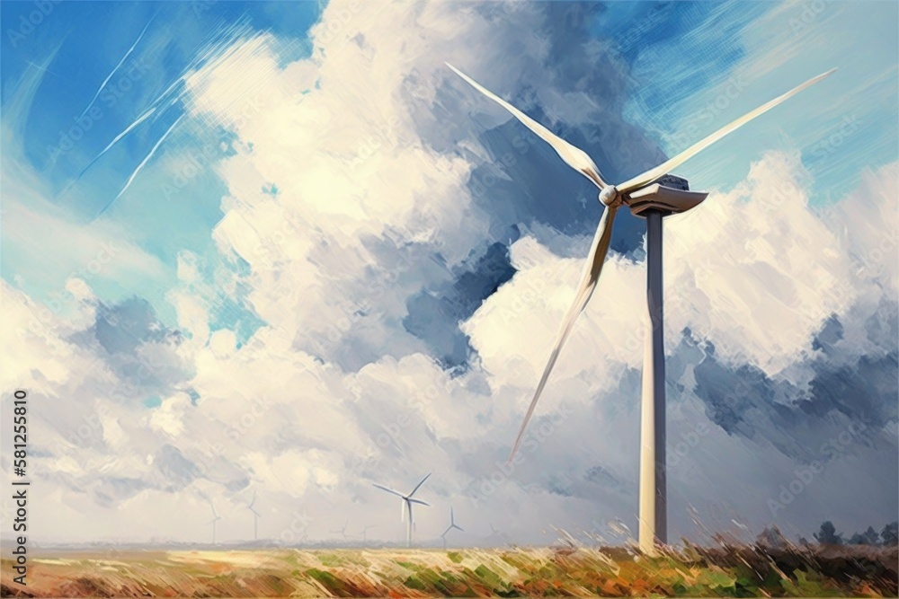 Art Painting of modern wind turbine for renawable energy - Oil painting ...