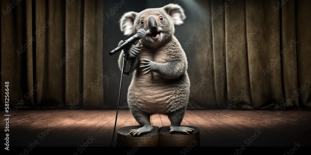 Koala holding microphone and standing on stage looking like its ...