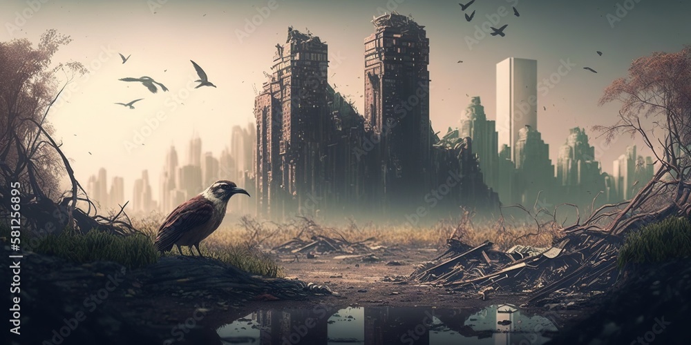abandoned crumbling cityscape with skyscrapers and buildings overtaken by nature and wildlife ...