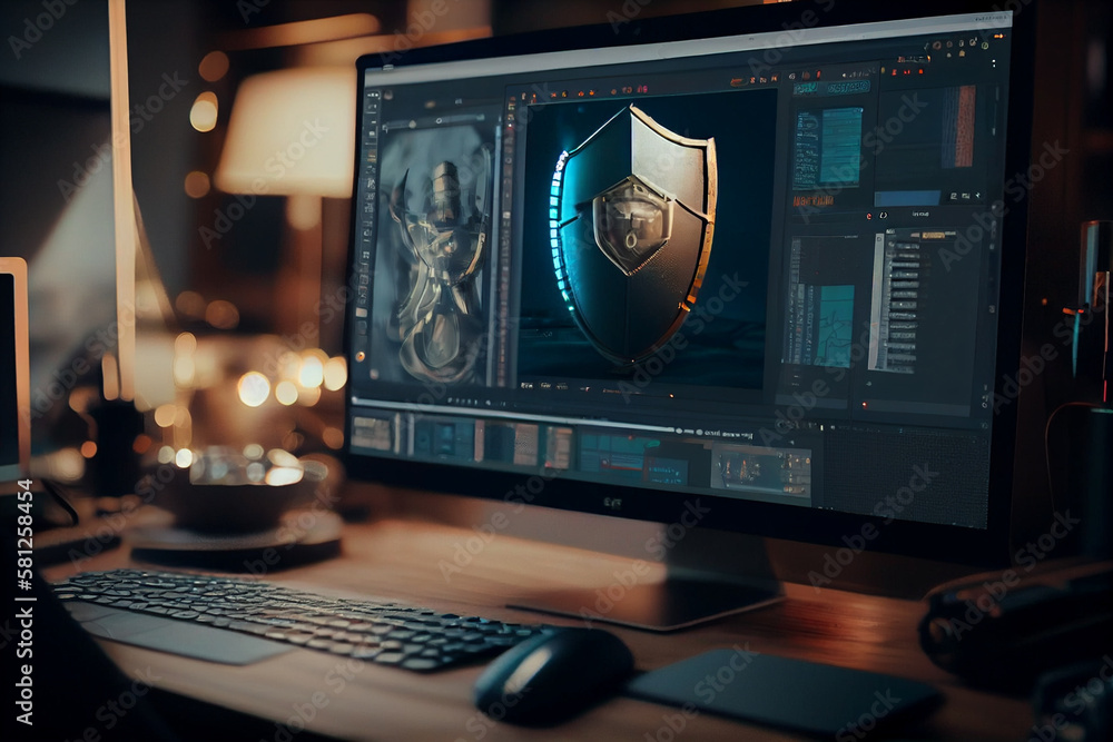 Cyber security concept with shield on computer screen in office ...