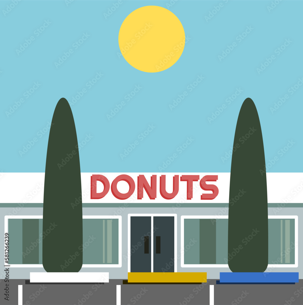Mid-century modern style donut shop with sun Stock Vector | Adobe Stock