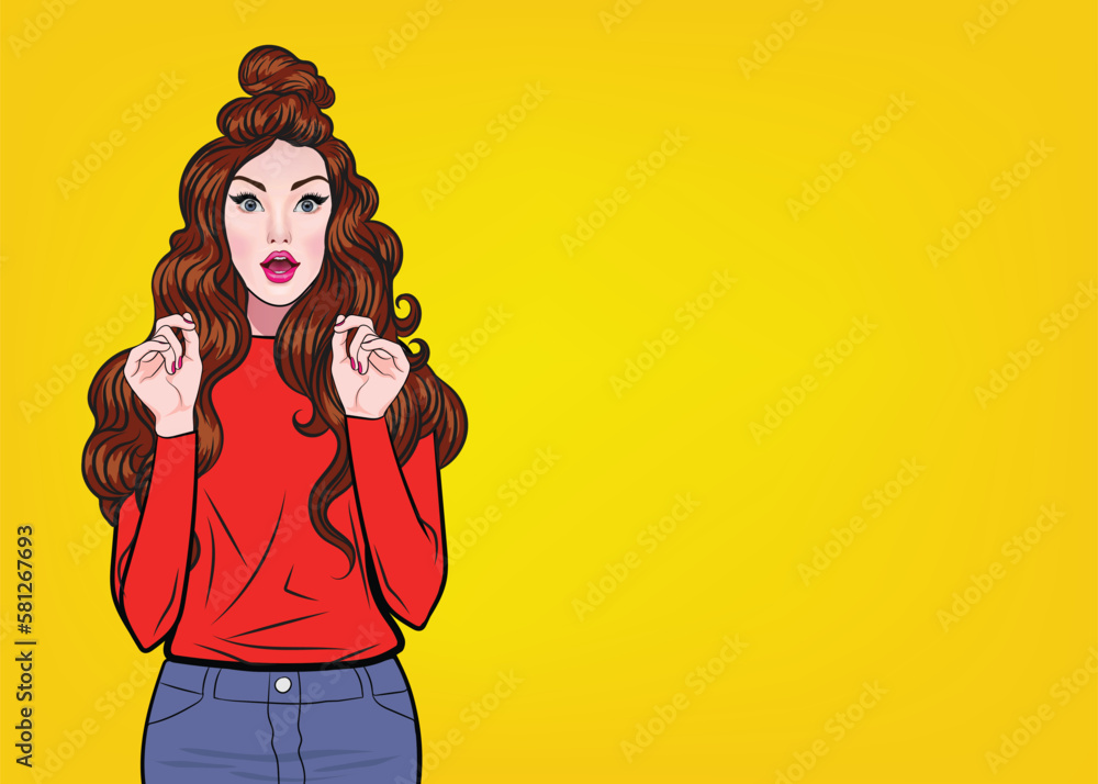 Shocked beautiful woman gaping mouth on yellow background, positive ...