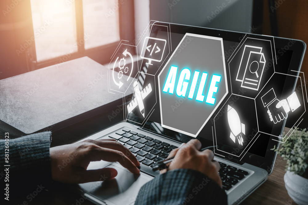 Agile development methodology concept, Business person hand typing keyboard with VR screen Agile ...