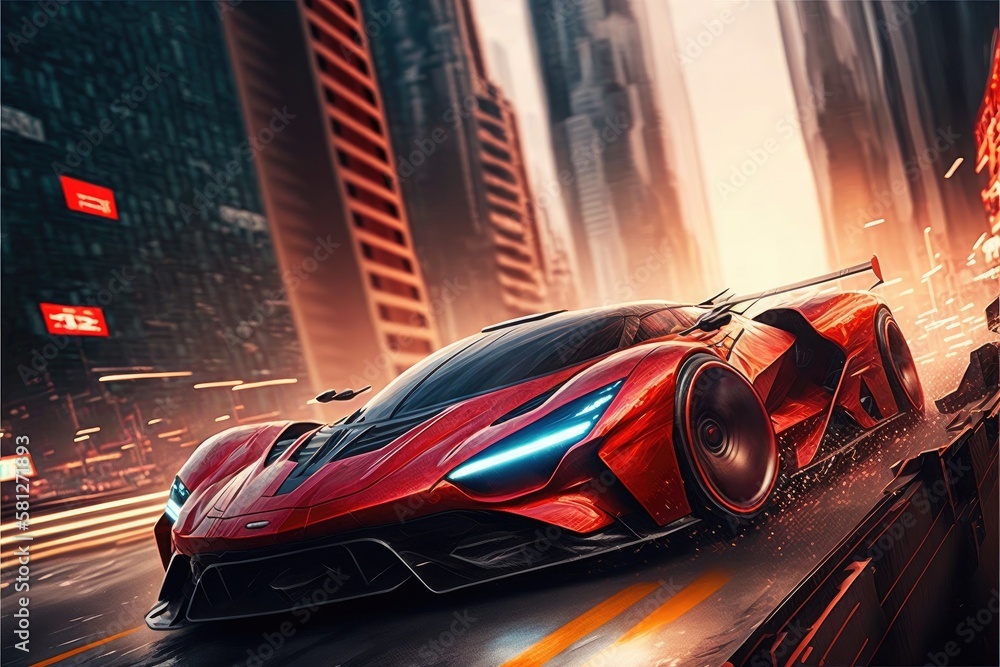 racing red powerful hypercar rushes through city against background of ...