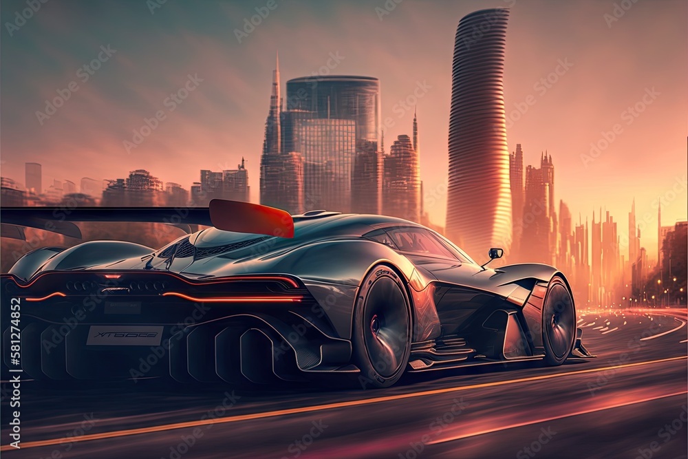 aston martin vulcan hypercar rushes through the city against backdrop ...