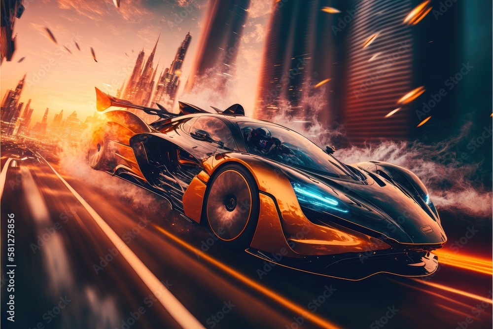 futuristic hybrid car flying through space hypercar rushes through the ...