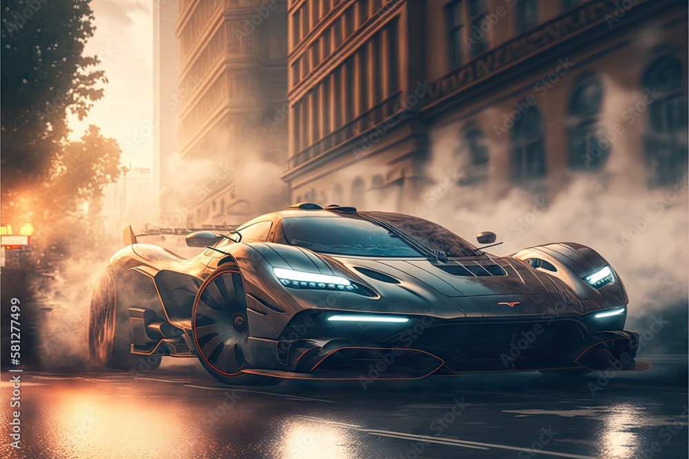 hypercar rushes through the city in movement with exhaust smoke rising ...