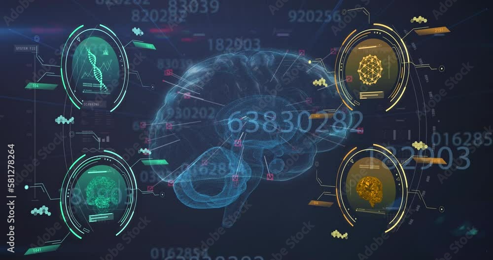 Animation of dna strand, human brain and scientific data processing ...