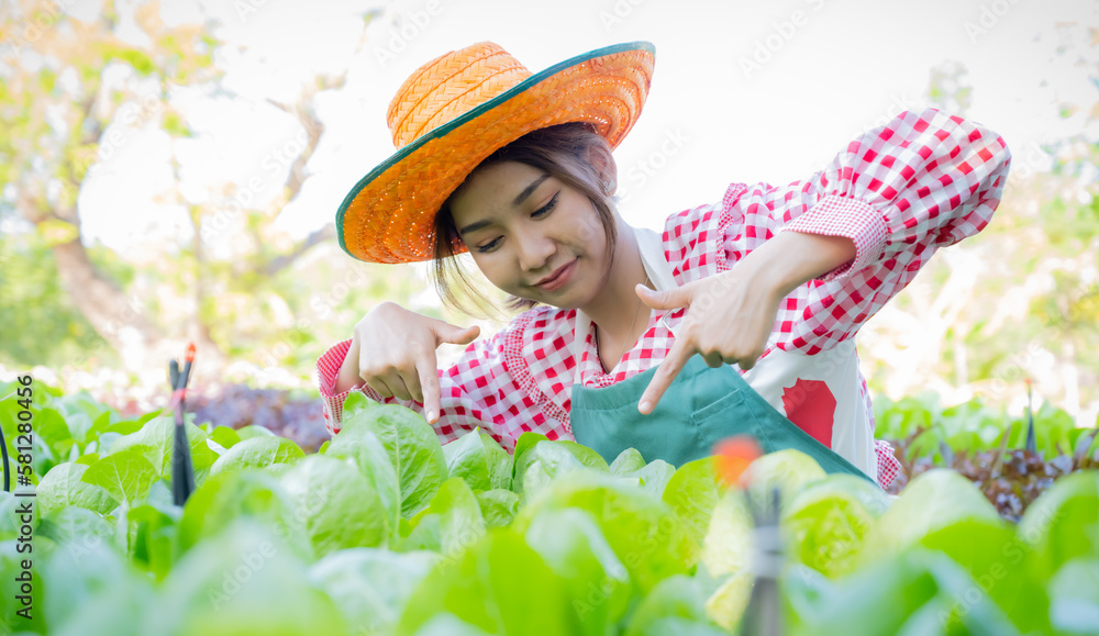 Photo & Art Print Beautiful asian female farmer joyfully introduces her ...