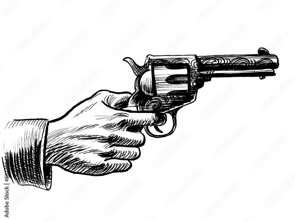 Ink black and white drawing of a hand with a revolver gun Stock ...