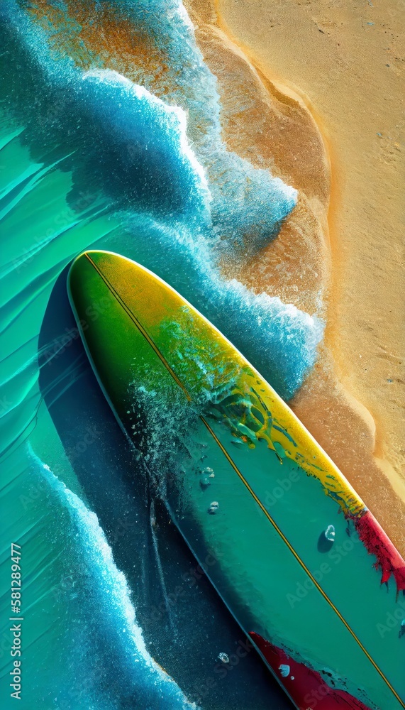surfboard laying top beach next ocean color apple design oil painting ...