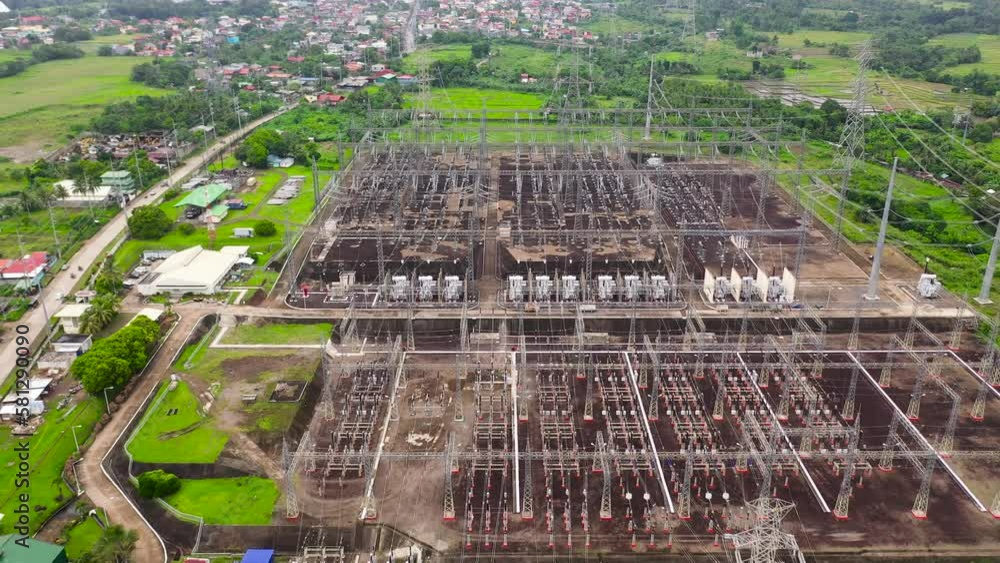 Aerial view of a high voltage substation. Distributing high voltage ...