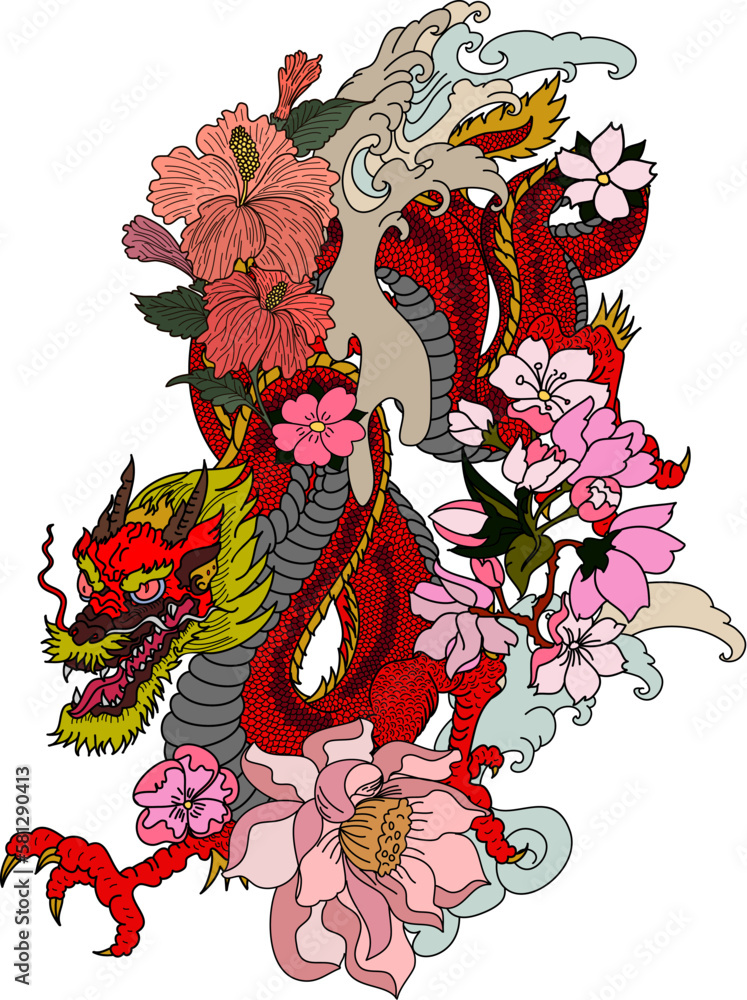 Traditional Japanese dragon with cherry blossom and wave for tattoo ...