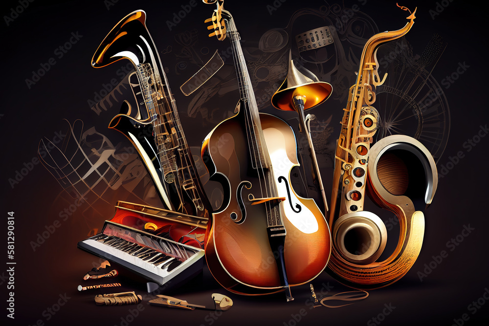 Aesthetic jazz background, musical instrument frame in blue vector. Generative Ai Stock ...