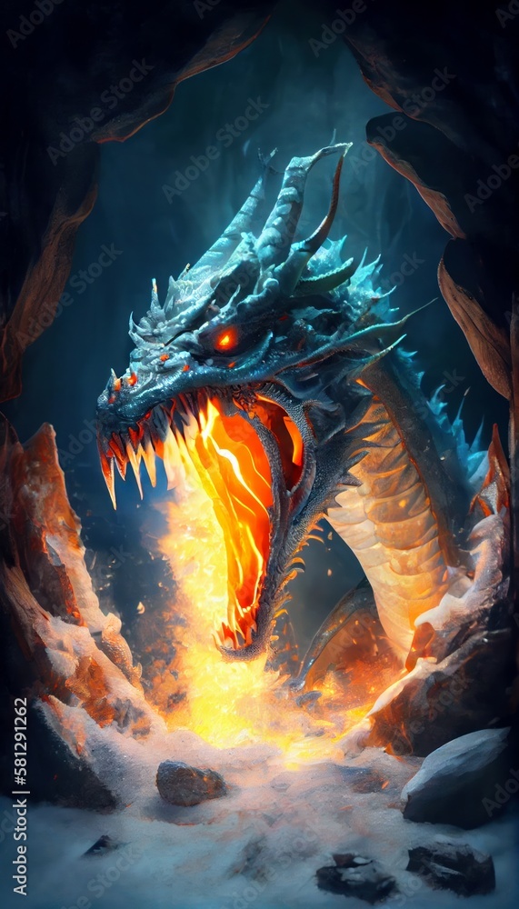 dragon fire coming out mouth card art snowy environment lighting ...