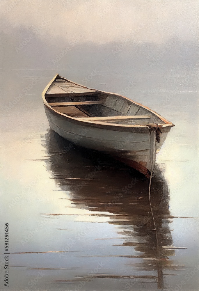 white boat sitting top body deep delicate fog motionless realism ...