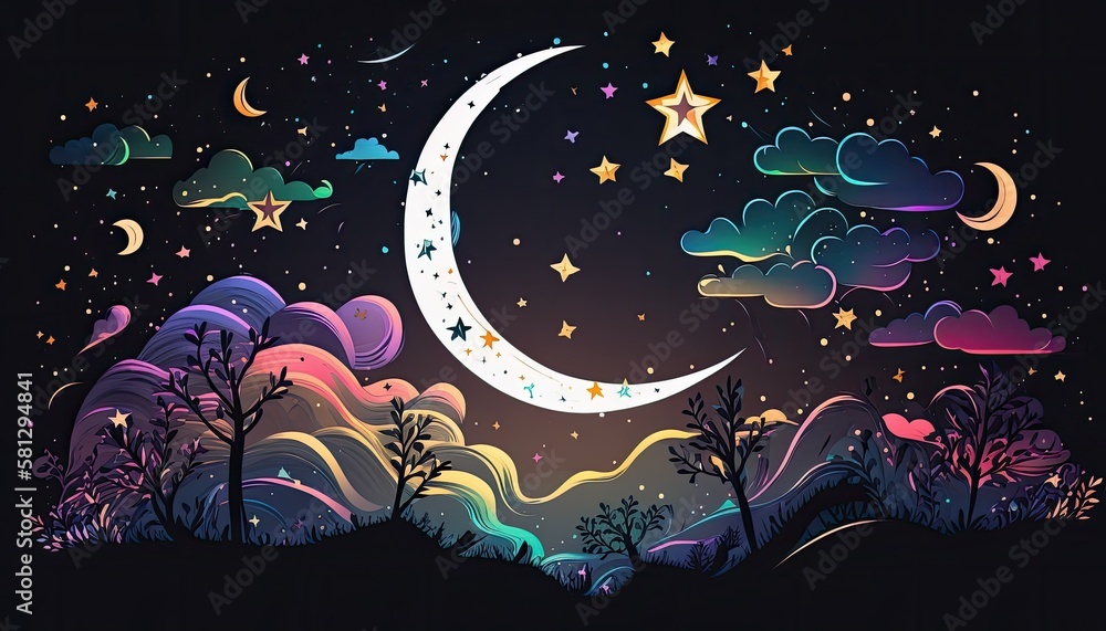Children's Day Kids Celebration: A starry night sky with a crescent ...