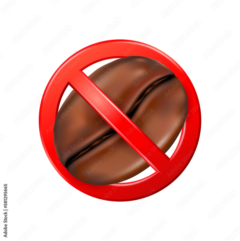 Coffee beans inside red banned sign. Caffeine free. Prohibition sign 3D ...