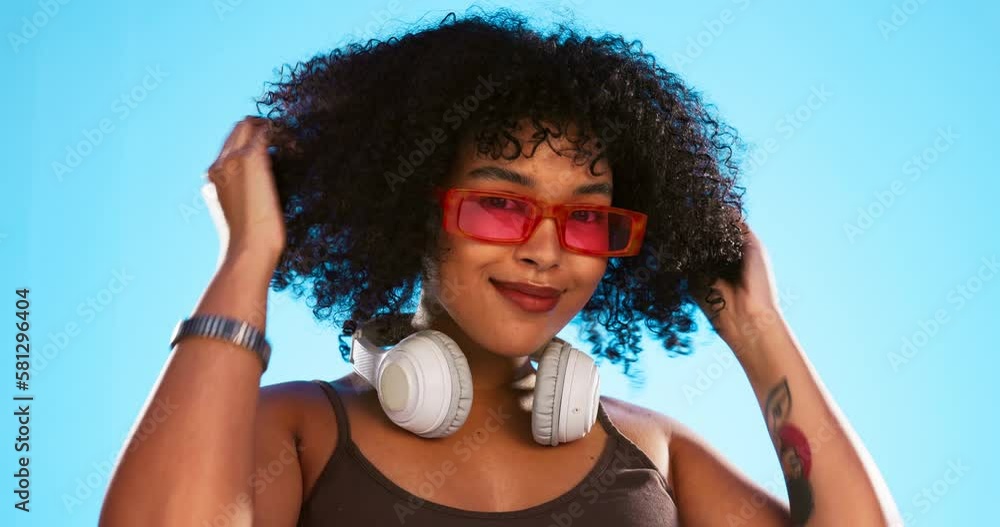 Trendy, gen z and face of a black woman in a studio with accessories ...