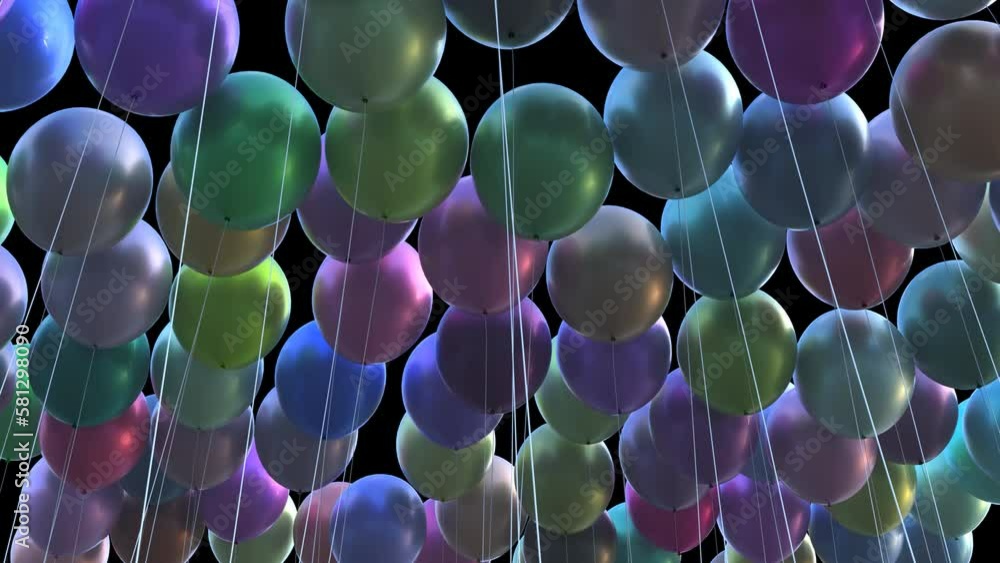 Colorful Balloons and ropes on back Background. 3d animation rendered ...