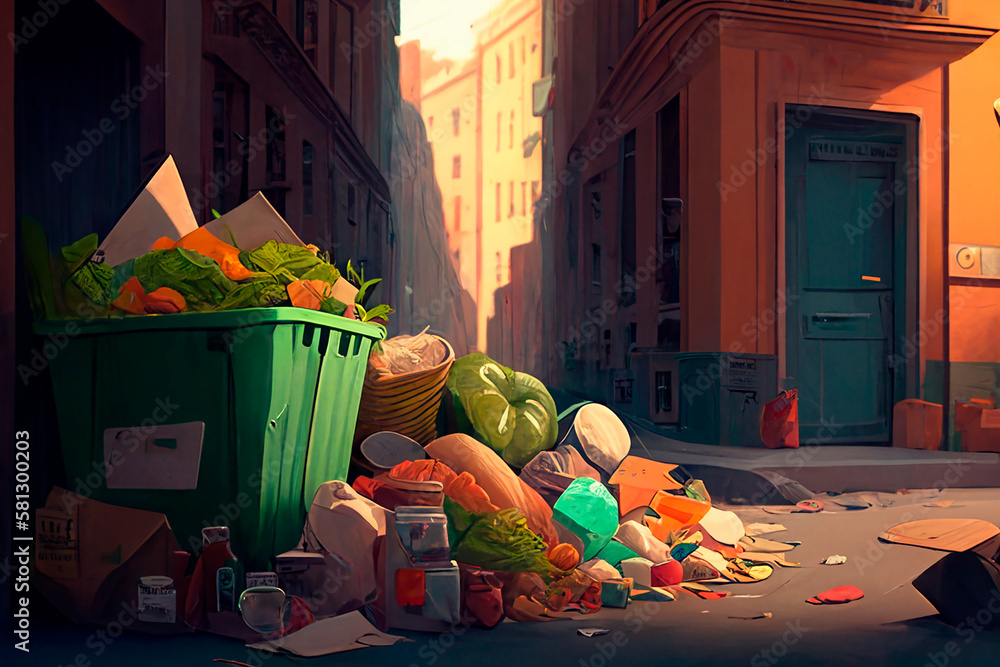 The problem of garbage in cities. Street of the city, a tank littered ...