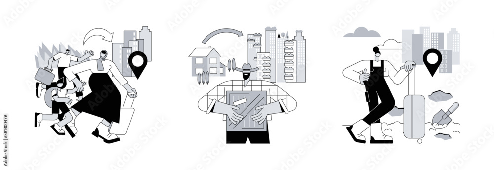 Domestic people movement abstract concept vector illustration set. Internal migration from ...