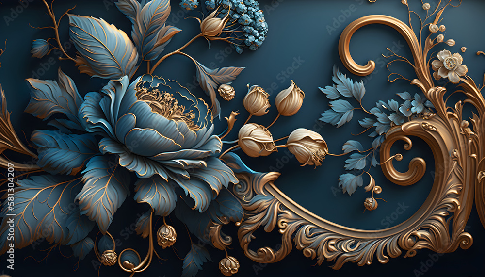 a blue and gold wallpaper with a floral design, a detailed painting by ...