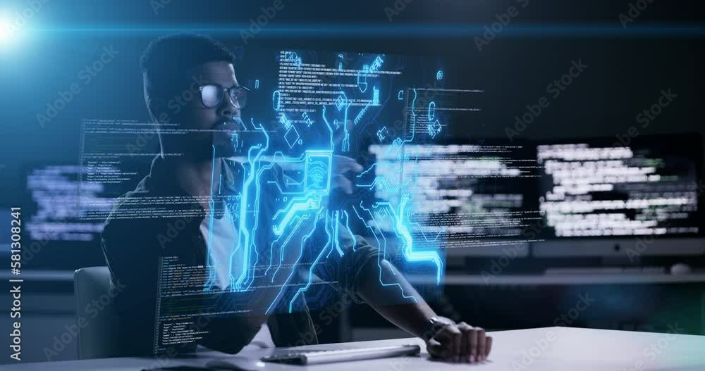Man Programming And Dashboard Hologram At Night On Computer Or Coding Software Application At